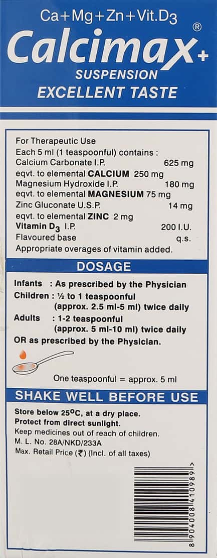 Buy CALCIMAX PLUS BOTTLE OF 200ML SUSPENSION Online & Get Upto 60% OFF ...