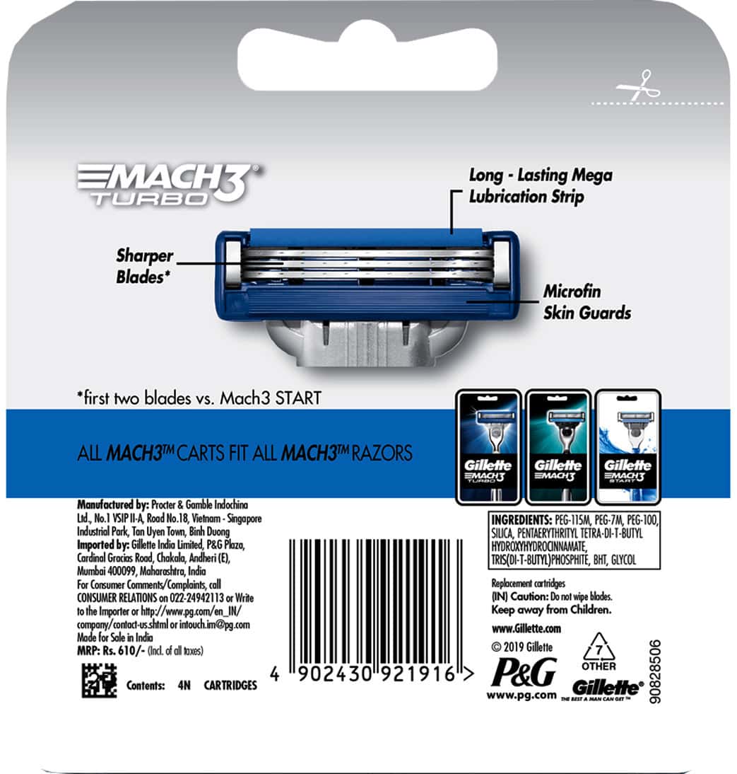 Buy GILLETTE MACH 3 TURBO MANUAL SHAVING RAZOR BLADES PACKET OF 4 ...