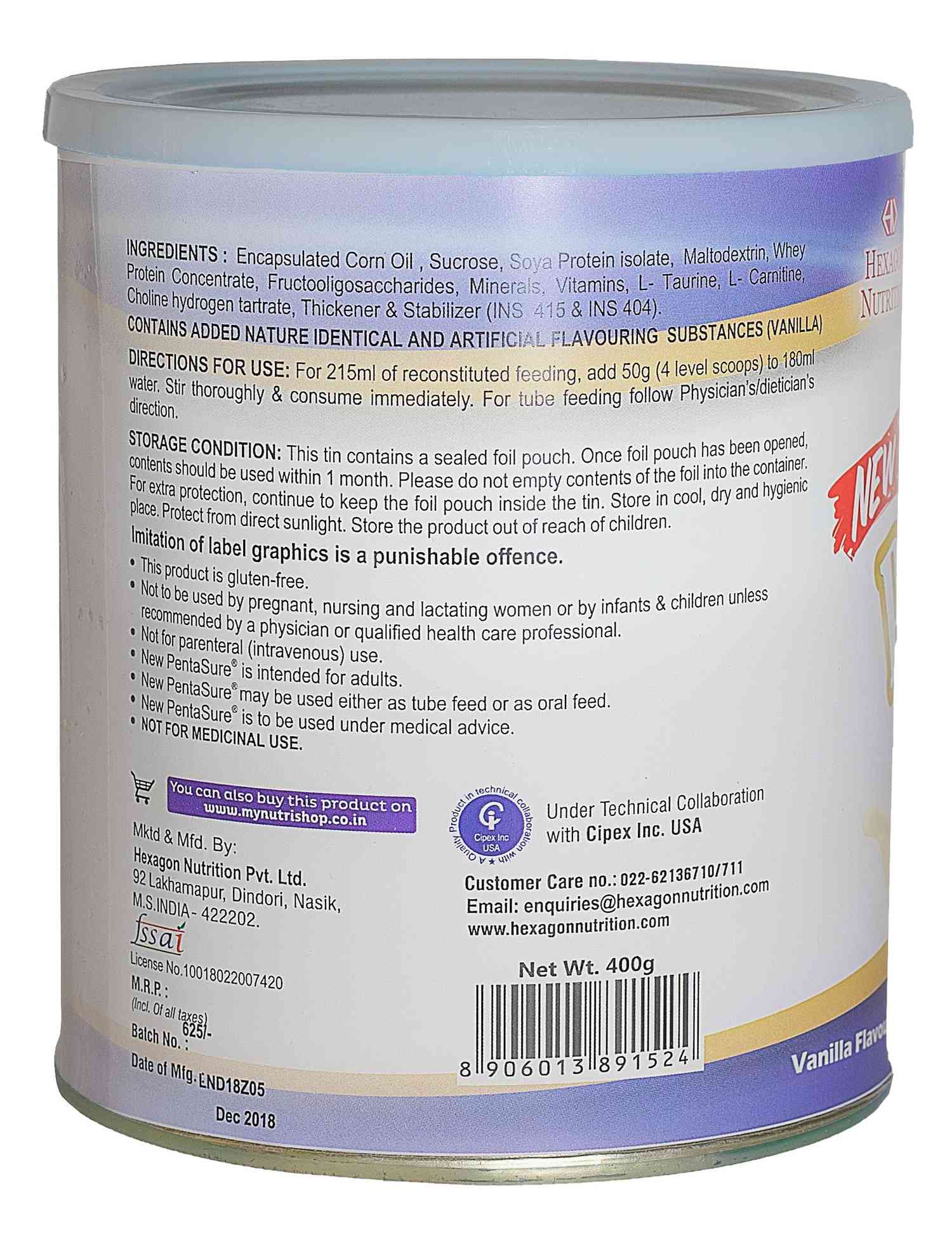 Buy Pentasure Vanilla Nutrition Supplement Tin Of 400 G Online at Flat ...