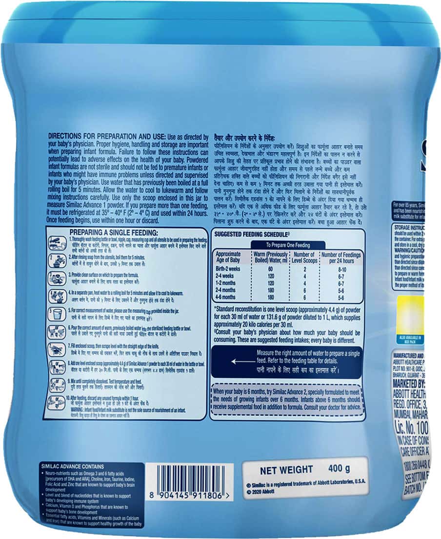 Buy SIMILAC ADVANCE STAGE 1 INFANT FORMULA (UPTO 6 MONTHS) TIN OF 400 G ...