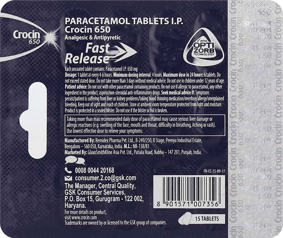 Buy CROCIN 650MG FAST RELEASE TABLET 15'S Online & Get Upto 60% OFF at ...