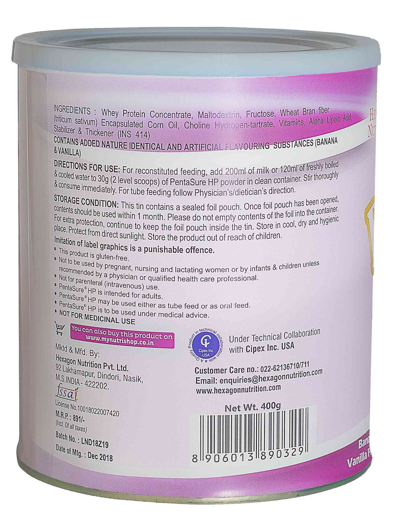 Buy Pentasure Hp Banana Vanilla Whey Protein Tin Of 400 G Online & Get ...