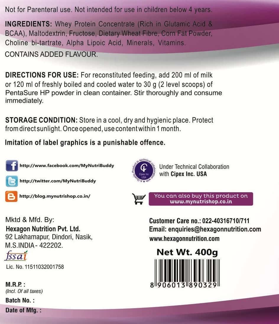 Buy PENTASURE HP BANANA VANILLA WHEY PROTEIN TIN OF 400 G Online & Get ...