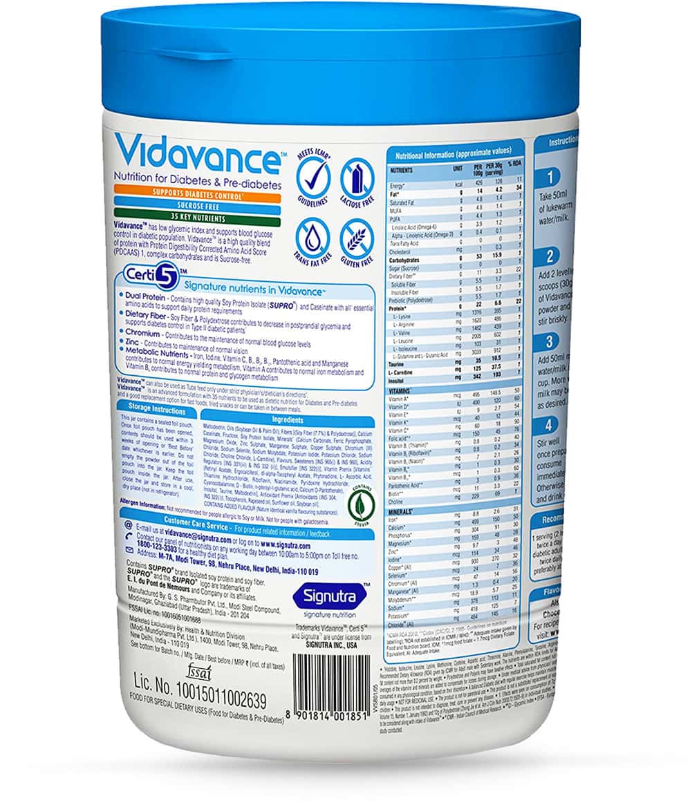 Buy VIDAVANCE ADVANCED NUTRITION VANILLA DIABETES CARE POWDER JAR OF ...