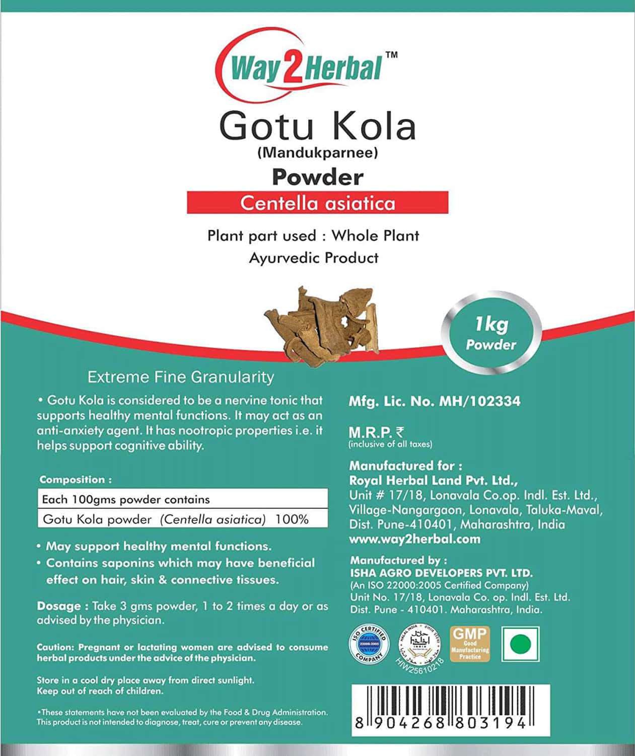 Buy WAY2HERBAL GOTU KOLA POWDER - 1 KG VALUE PACK OF 2 Online & Get ...