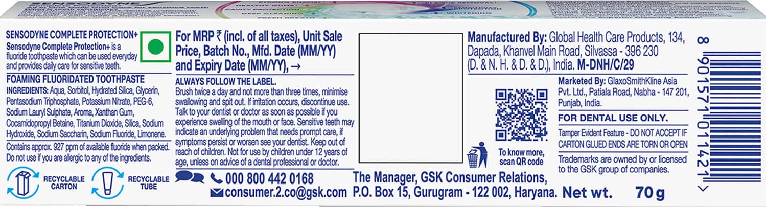 Buy SENSODYNE TOOTHPASTE COMPLETE PROTECTION+ FOR SENSITIVE TEETH 70 GM ...