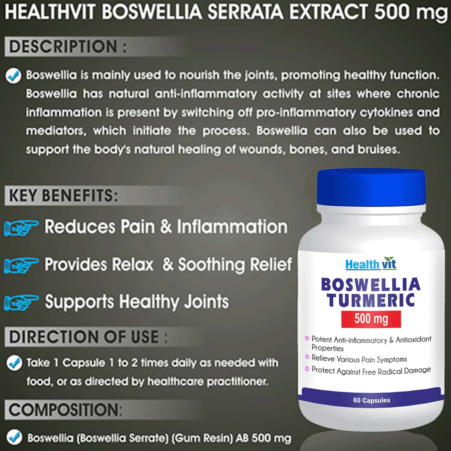 Buy HEALTHVIT BOSWELLIA SERRATA EXTRACT 500 MG 60 CAPSULES FOR HEALTHY ...