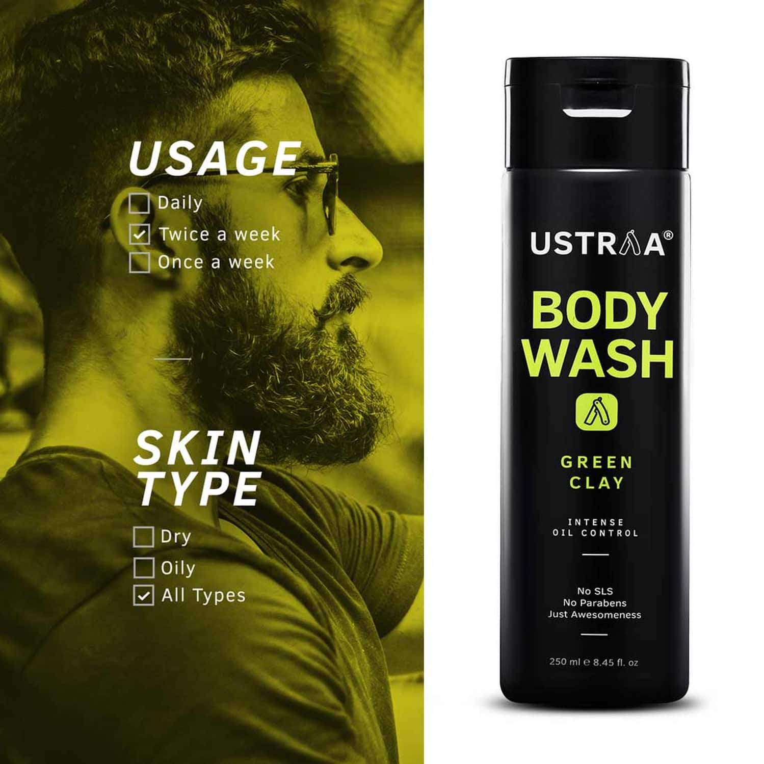Buy USTRAA BODY WASH-GREEN CLAY 250 ML (PACK OF 2) Online & Get Upto 60 ...