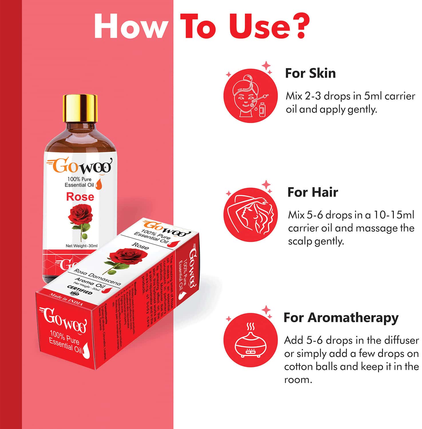 Buy GO WOO 100% PURE ROSE OIL FOR ANTI STRESS SKIN GLOW AROMATHERAPY 30 ...