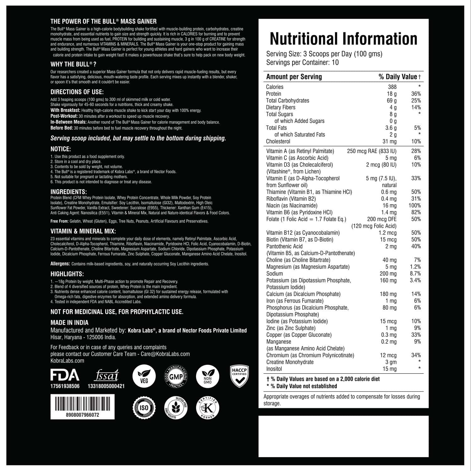 Buy KOBRA LABS THE BULL MASS GAINER | 23 VITAMINS & MINERALS, HIGH ...