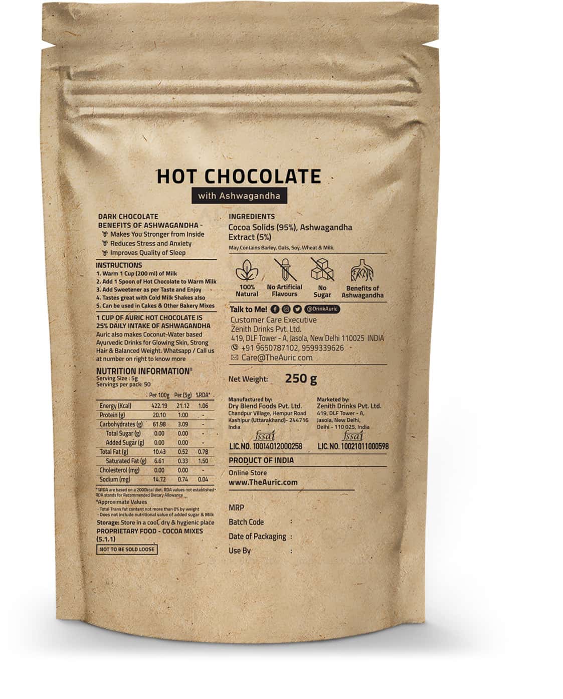 Buy AURIC HOT CHOCOLATE WITH ASHWAGANDHA 50 CUPS 250 GRAMS PACKET ...