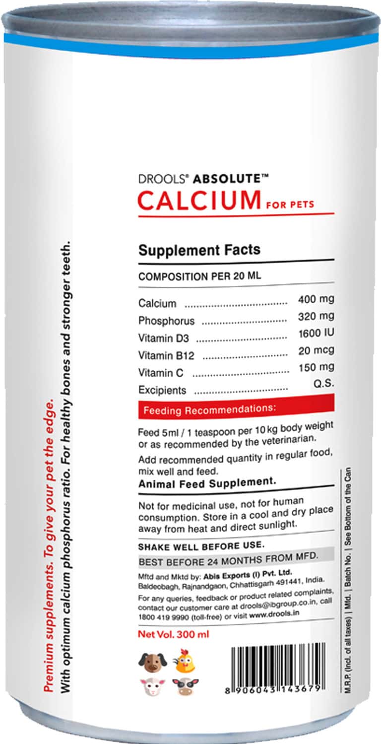 Buy DROOLS ABSOLUTE CALCIUM SYRUP - DOG SUPPLEMENT 300ML Online & Get ...