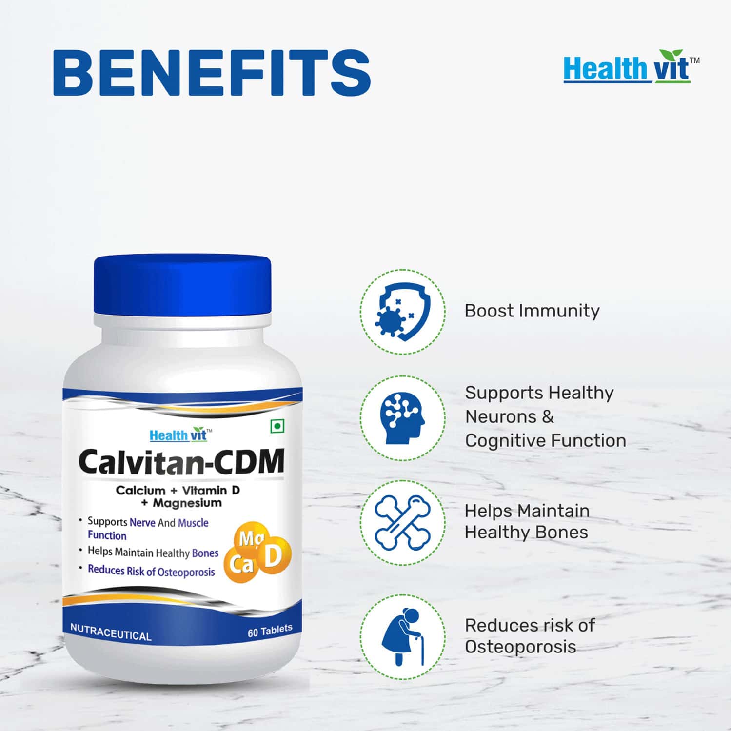 Buy HEALTHVIT CALVITAN-CDM CALCIUM + VITAMIN D + MAGNESIUM - 60 TABLETS ...
