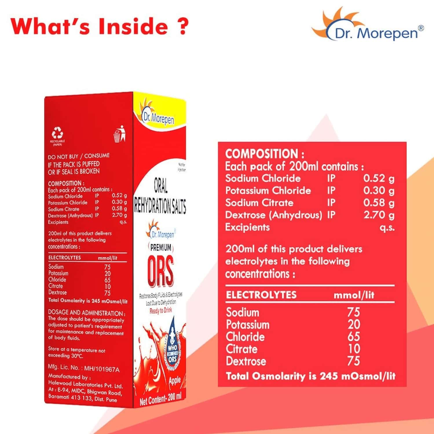 Buy DR. MOREPEN PREMIUM ORS DRINK WITH ELECTROLYTES, APPLE FLAVOUR ...