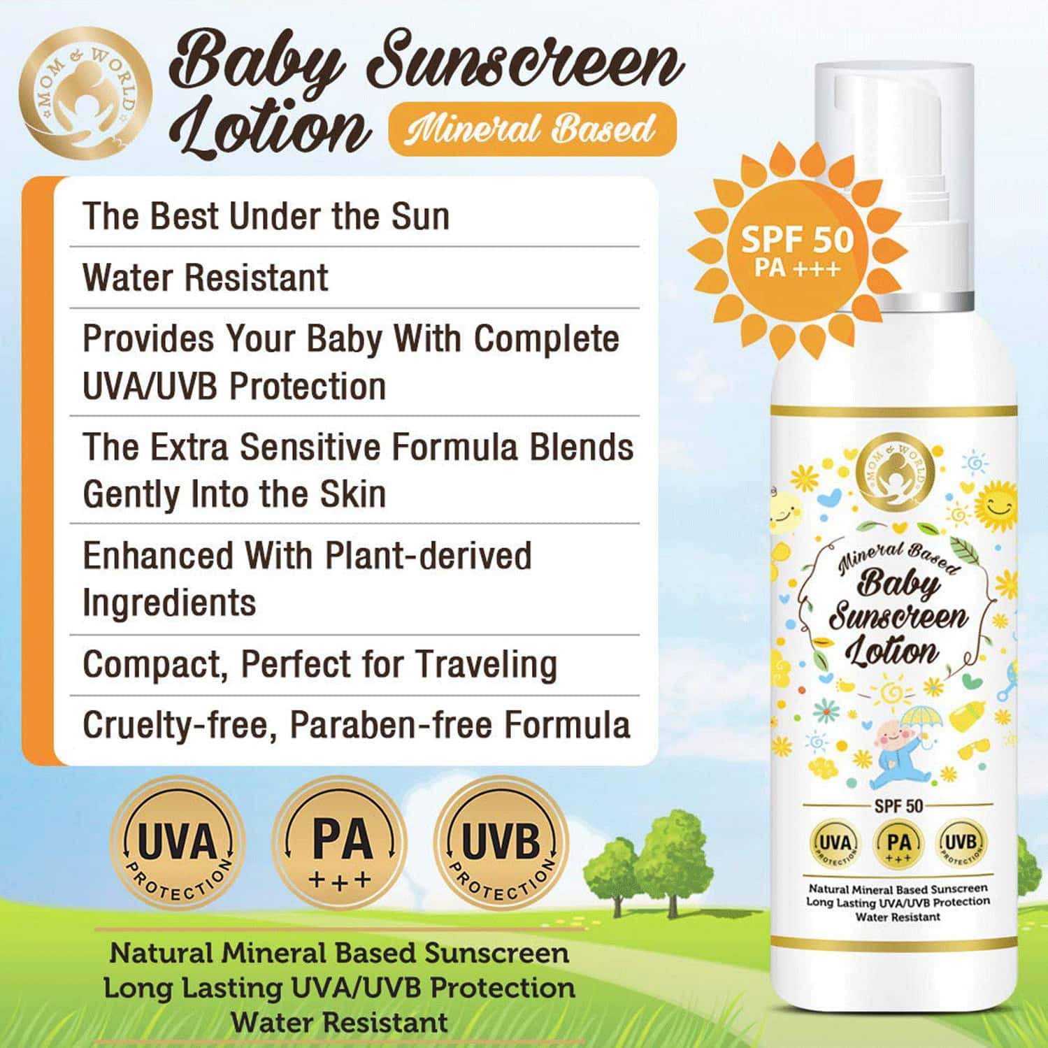 Buy MOM & WORLD MINERAL BASED BABY SUNSCREEN LOTION SPF 50 PA+++ UVA/UVB PROTECTION-120 ML ...