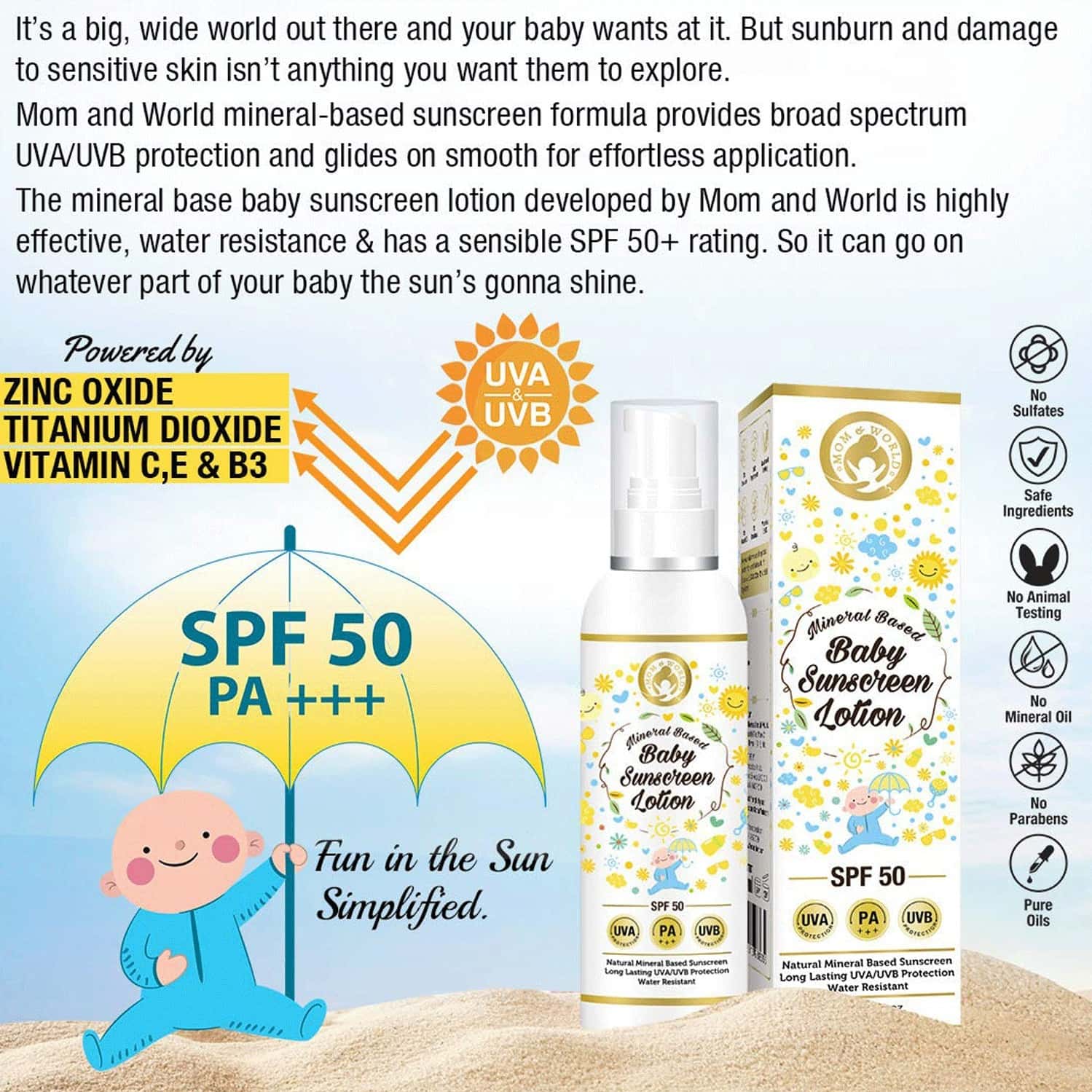 Buy MOM & WORLD MINERAL BASED BABY SUNSCREEN LOTION, SPF 50 PA+++, UVA/UVB PROTECTION-120 ML ...