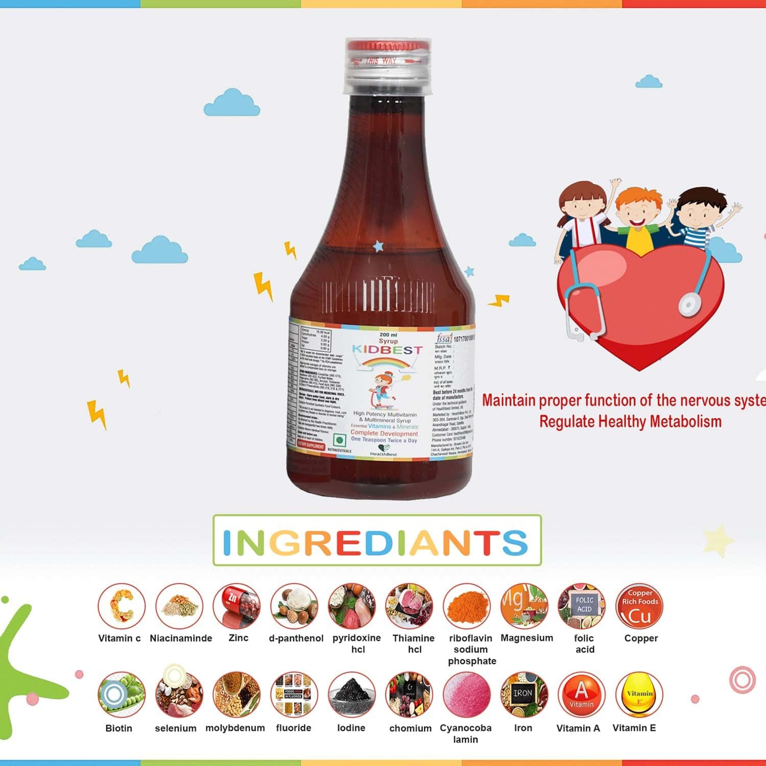 Buy HEALTHBEST KIDBEST MULTIVITAMIN & MULTIMINERAL SYRUP FOR KIDS|ZINC ...