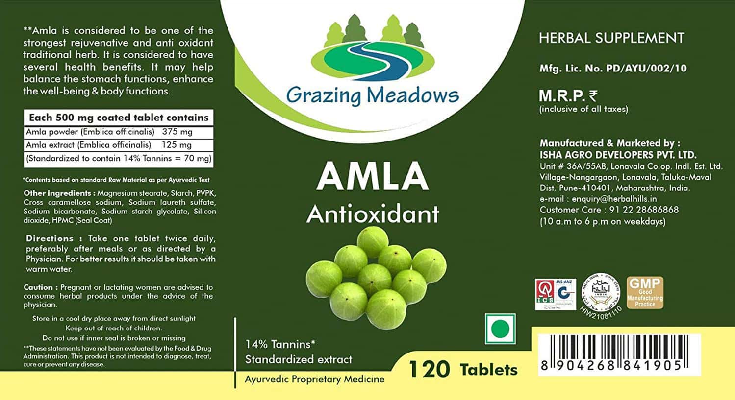 Buy GRAZING MEADOWS AMLA TABLETS AYURVEDIC AMLA 120 TABLETS EMBLICA ...