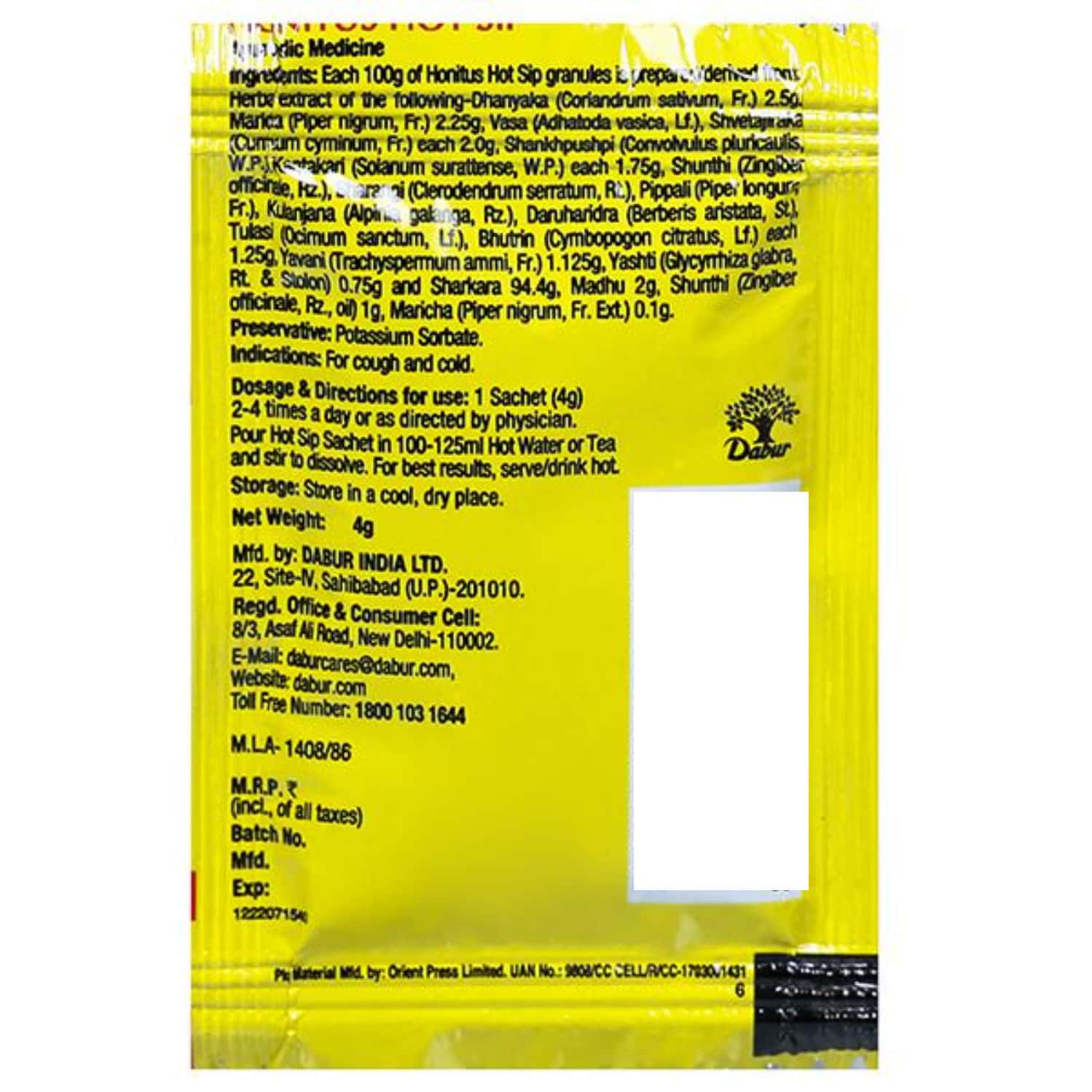 Buy DABUR HONITUS HOT SIP GRANULE 4 G Online & Get Upto 60% OFF at ...