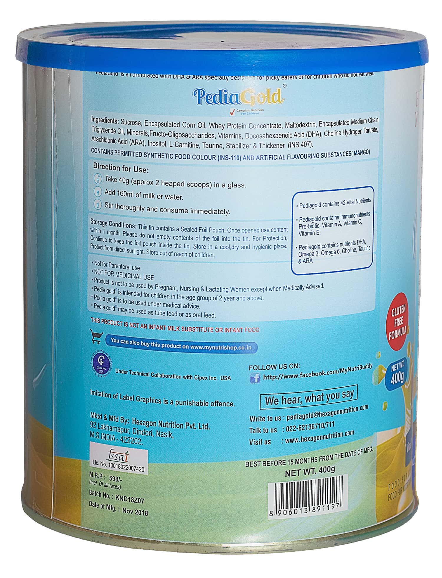 Buy Pediagold Chocolate Nutrition Drink Tin Of 400 G Online & Get Upto ...