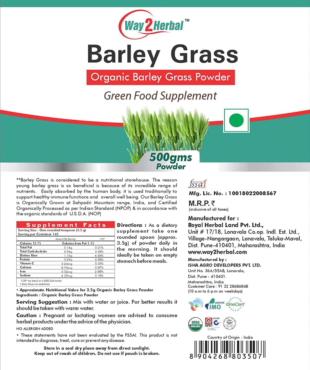 Buy WAY2HERBAL ORGANIC BARLEY GRASS POWDER 500 GMS Online & Get Upto 60 ...