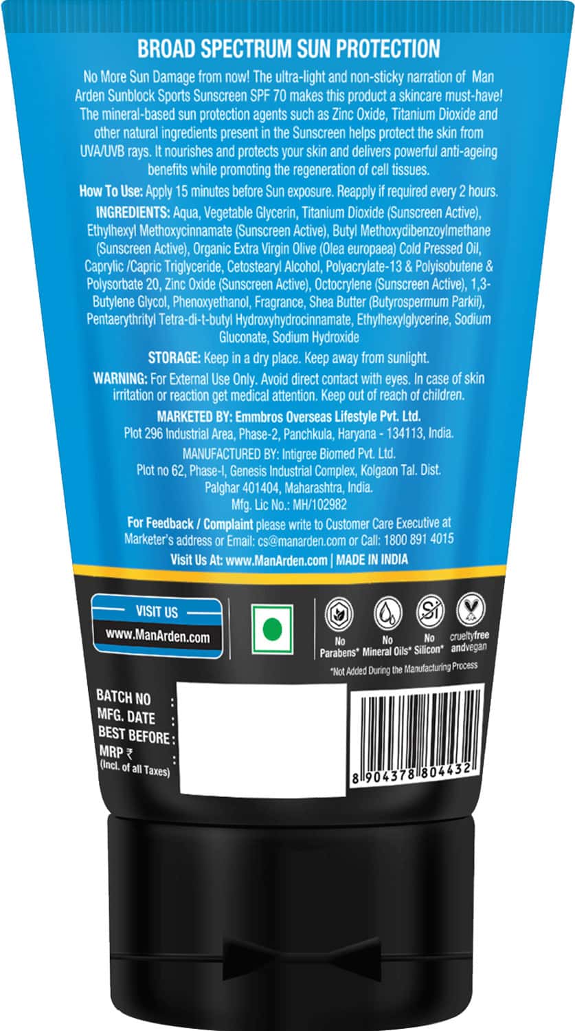 Buy MAN ARDEN SUN BLOCK SPORTS SUNSCREEN SPF 70 FOR ALL SKIN TYPES UVA ...