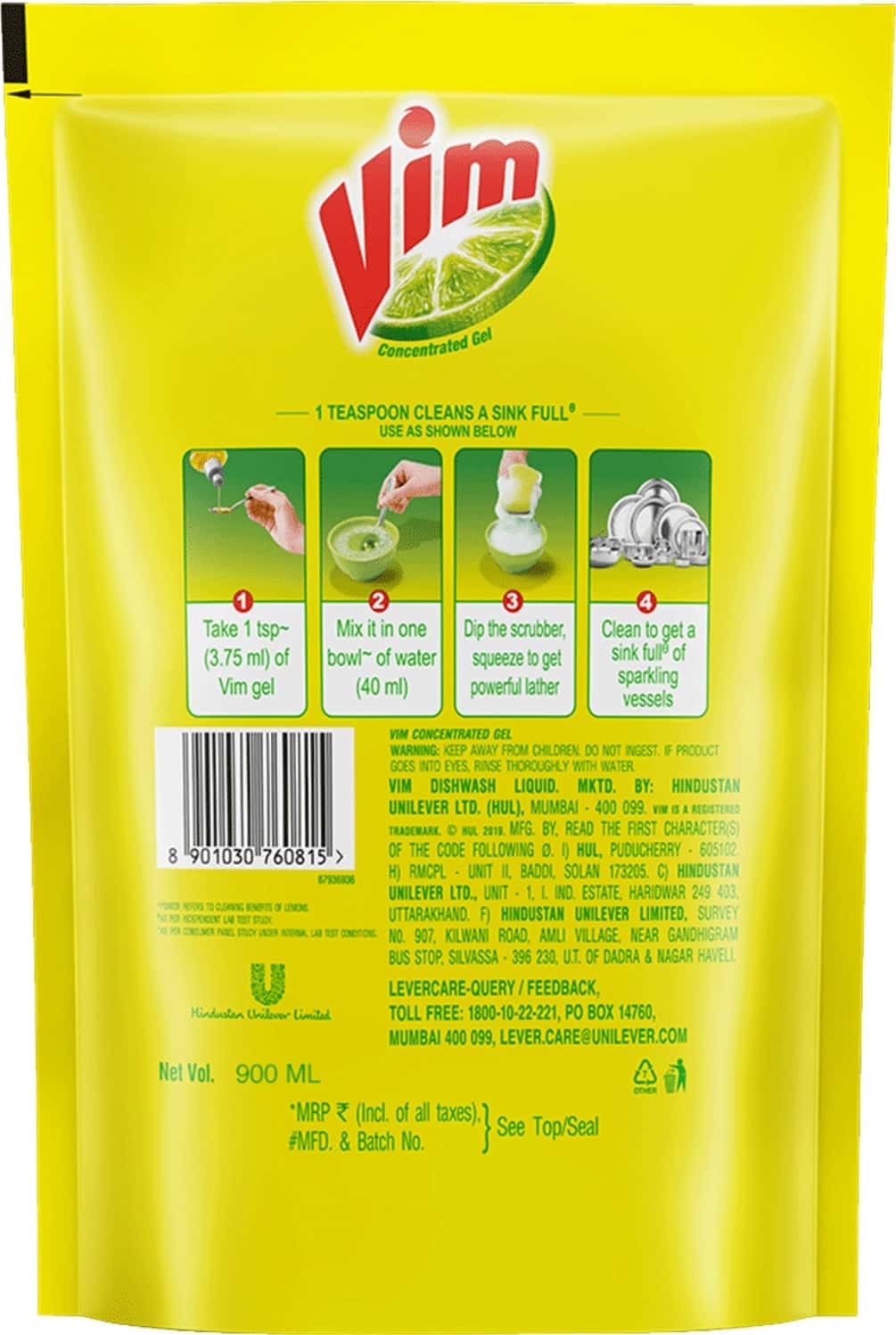 Buy VIM DISHWASH LIQUID GEL LEMON - 900ML REFILL POUCH Online & Get ...