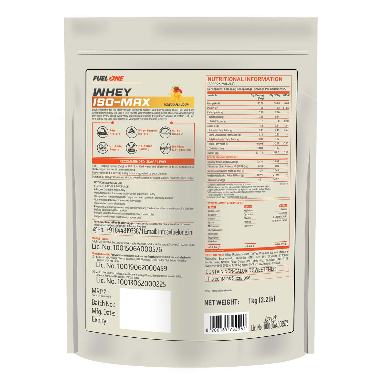 Buy FUELONE WHEY ISO-MAX, WHEY PROTEIN ISOLATE, 28G PROTEIN (MANGO, 1KG ...