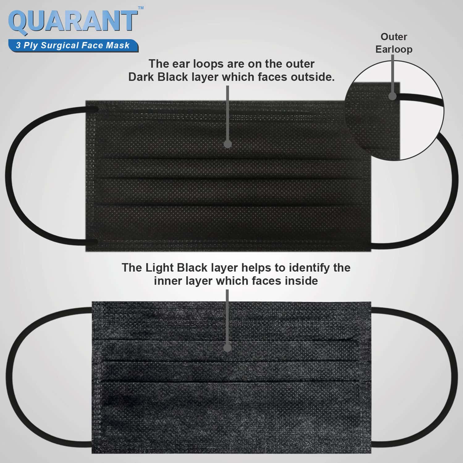 Buy QUARANT 3 PLY BLACK SURGICAL FACE MASK WITH ADJUSTABLE NOSE PIN UV ...