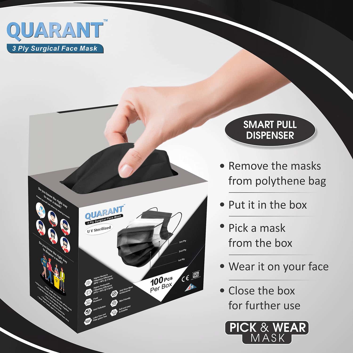 Buy QUARANT 3 PLY BLACK SURGICAL FACE MASK WITH ADJUSTABLE NOSE PIN UV ...