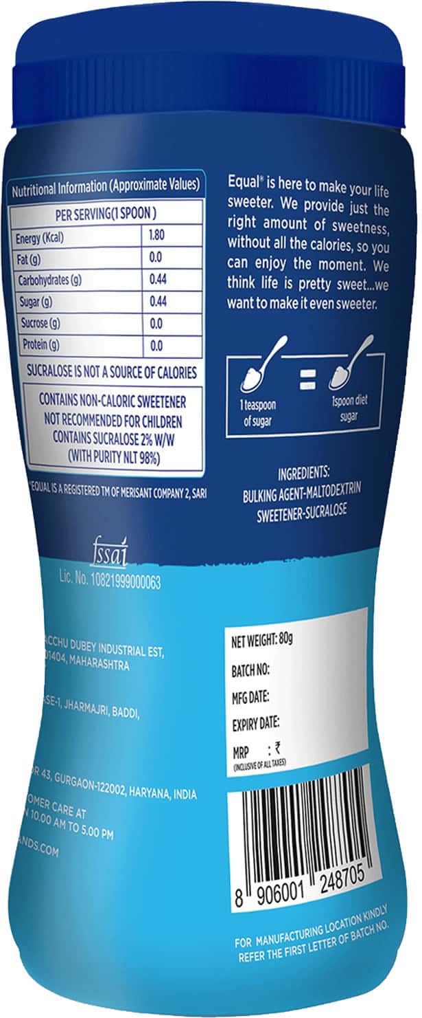 Buy EQUAL SWEETENER SUGAR FREE ZERO CALORIE COOK & BAKE 80G POWDER JAR ...