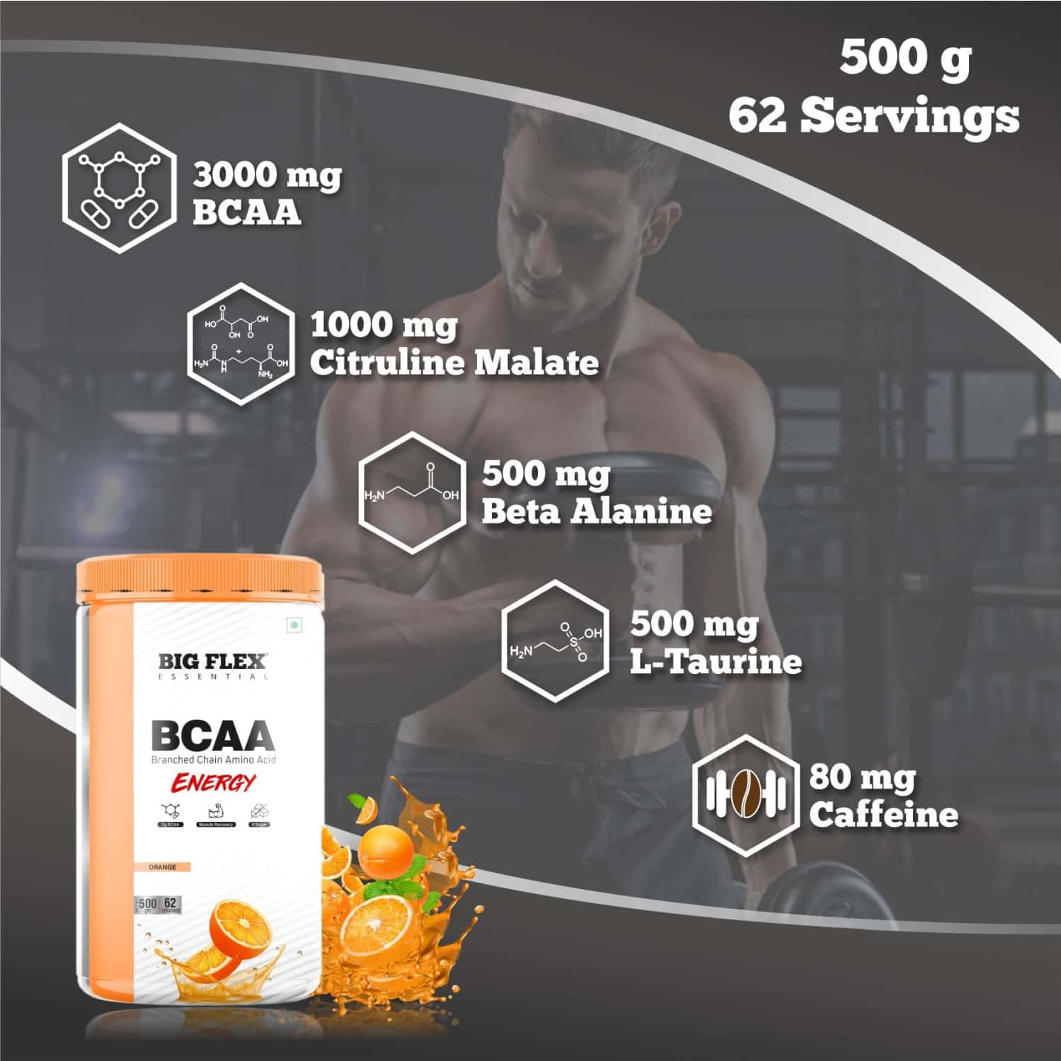 Buy BIGFLEX ESSENTIAL BCAA ENERGY ORANGE (500GM) - JAR Online & Get ...