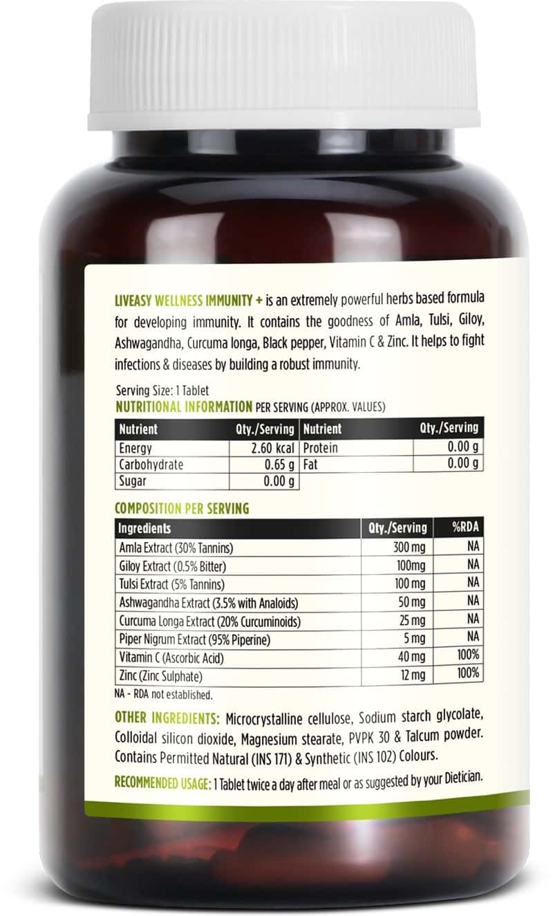 Buy LIVEASY WELLNESS IMMUNITY PLUS - VITAMIN C & ZINC - WITH HERBAL IMMUNITY BLEND - 30 TABLETS ...