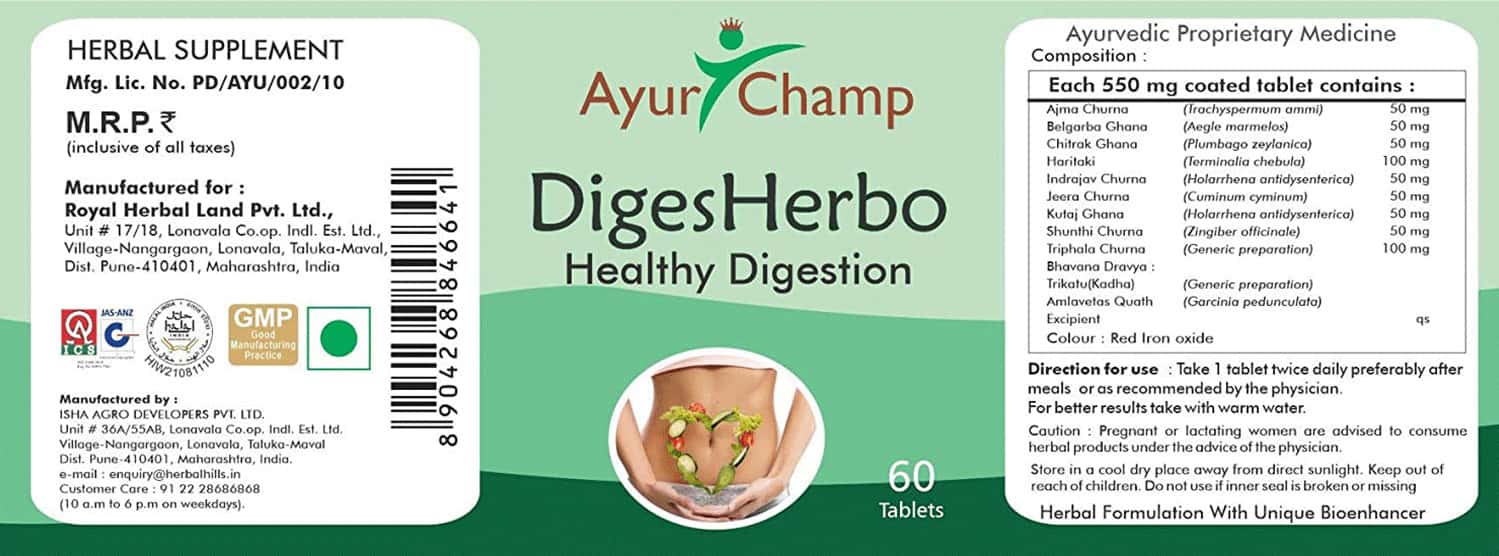 Buy AYUR CHAMP - PACK OF 2 -DIGES HERBO | HEALTHY DIGESTION | HERBAL SUPPLEMENT |60 TABLETS ...