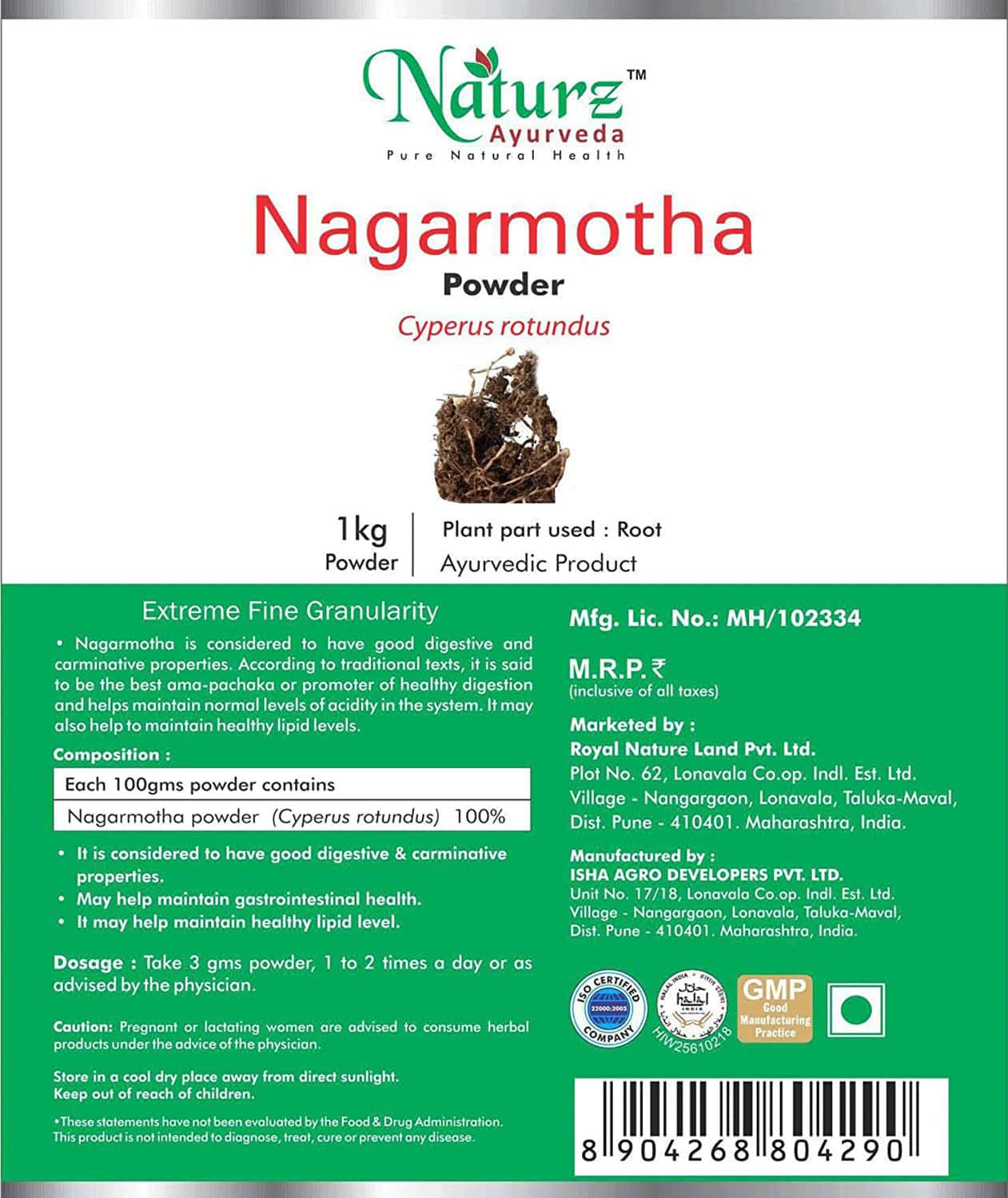 Buy NATURZ AYURVEDA NAGARMOTHA POWDER - 1 KG VALUE PACK OF 2 Online ...