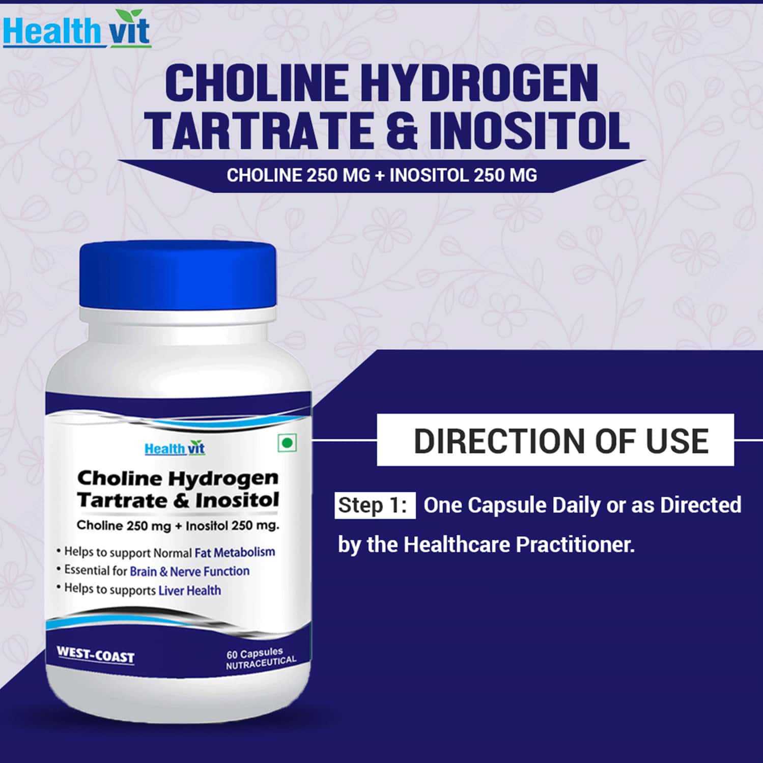 Buy HEALTHVIT CHOLINE HYDROGEN TARTRATE 250MG & INOSITOL 250 MG - 60 ...