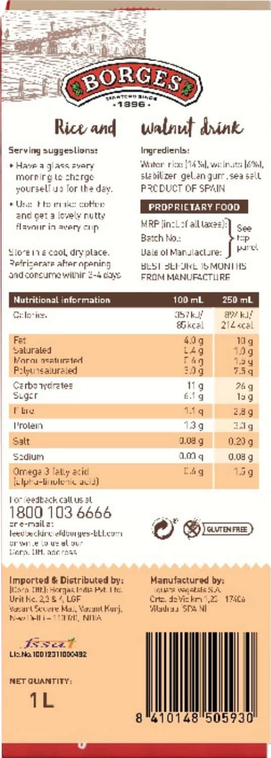 Buy BORGES NATURA RICE & WALNUTS DRINK - 1L TETRA PACK Online & Get ...