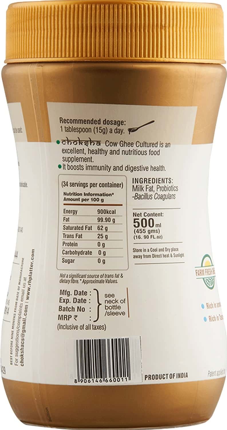 Buy CHOKSHA PROBIOTIC CULTURED COW GHEE 500 ML SUPERFOOD FOR GUT HEALTH ...