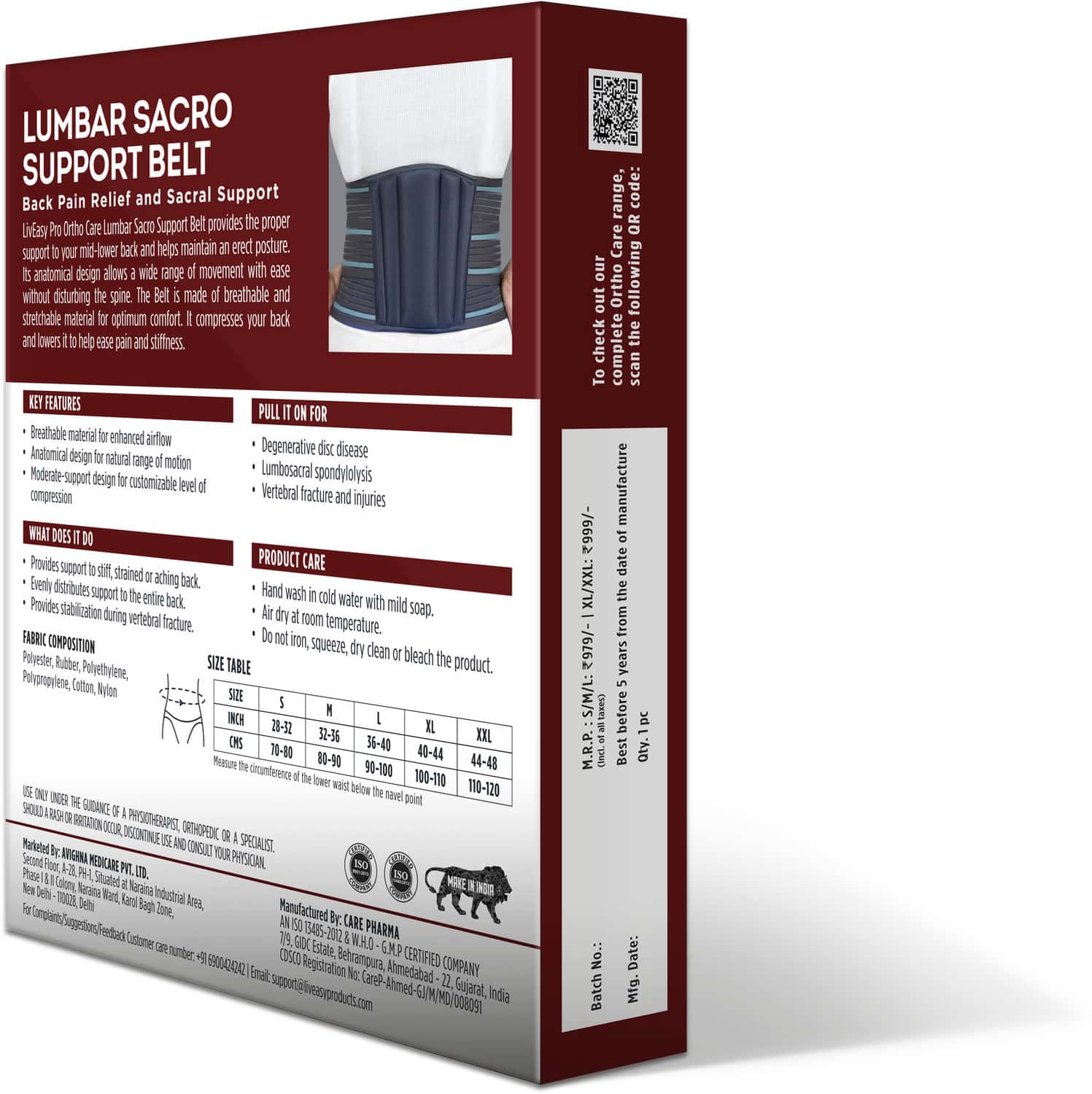 Buy LIVEASY PRO ORTHO CARE LUMBAR SACRO SUPPORT BELT - XL Online & Get ...