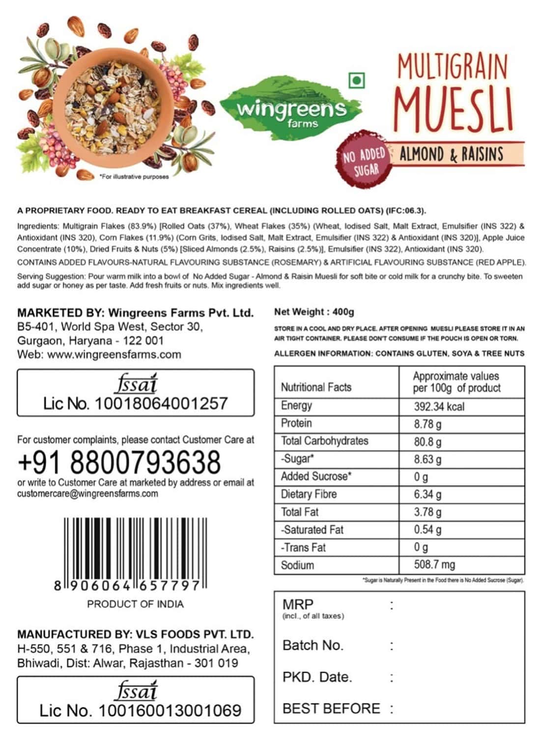 Buy WINGREENS FARMS MULTIGRAIN MUESLI - ALMONDS & RAISINS (NO SUGAR ...
