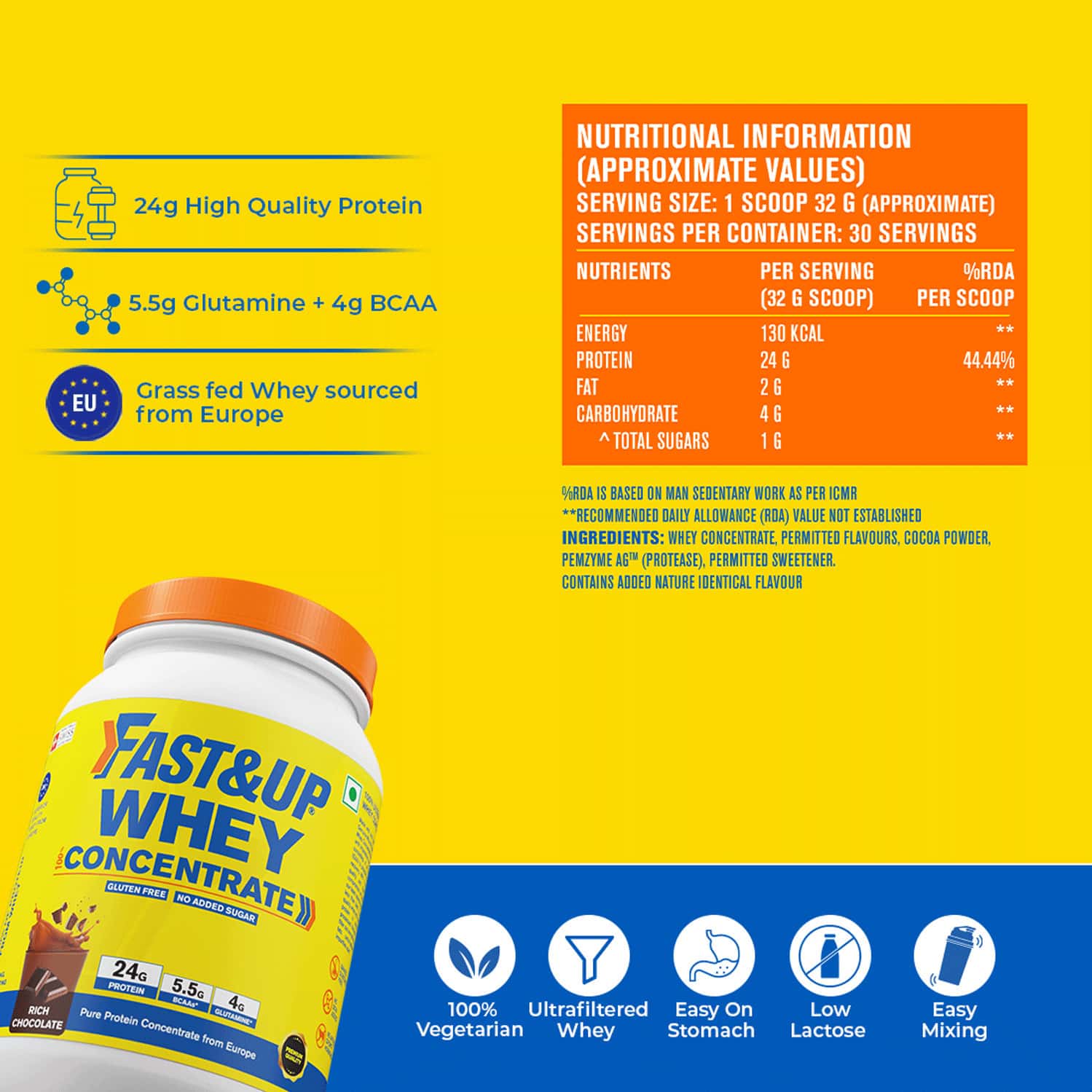 Buy FAST&UP WHEY CONCENTRATE PROTEIN RICH CHOCOLATE- 30 SERVINGS 960G ...