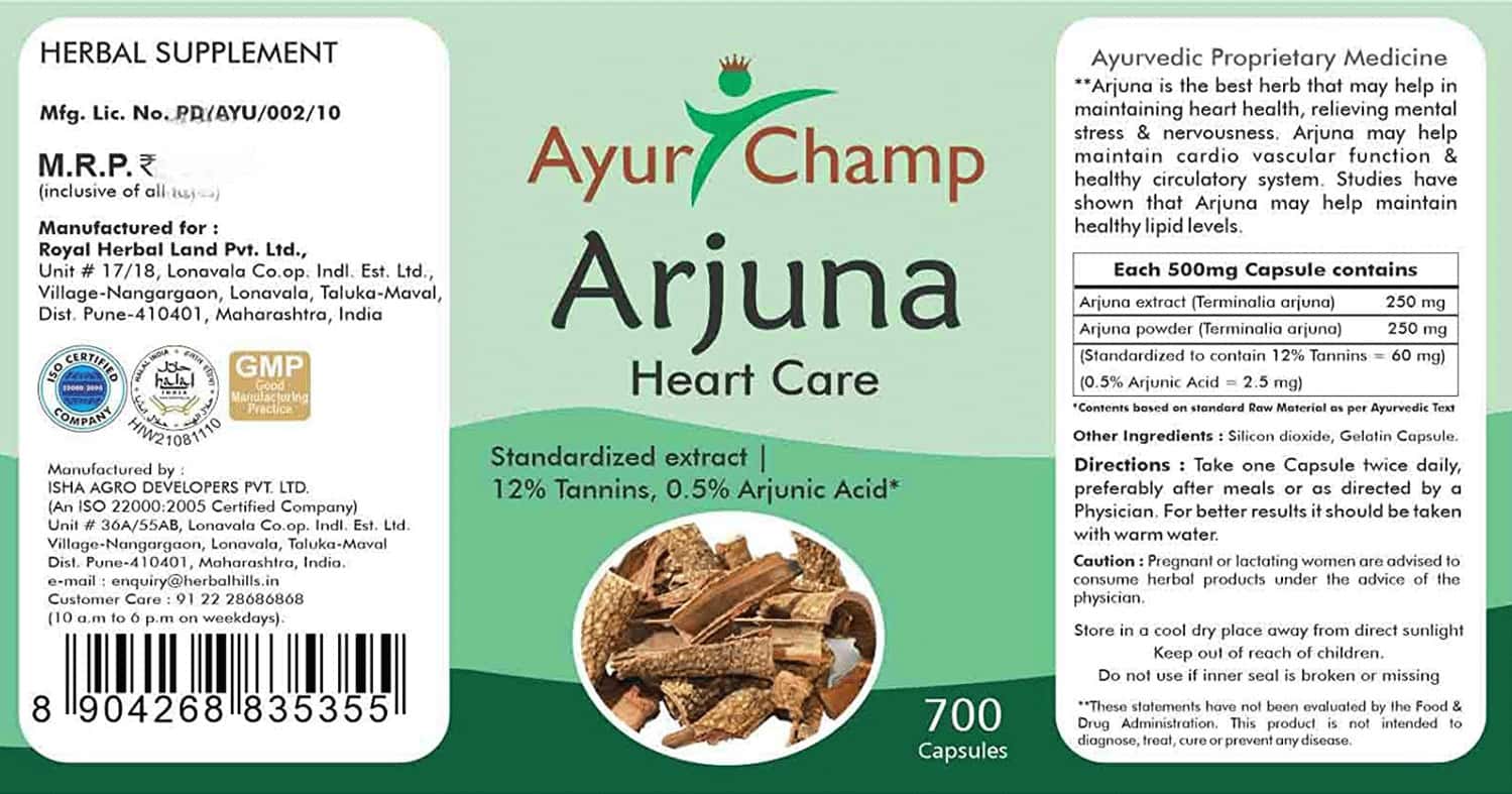 Buy AYUR CHAMP - PACK OF 2 -ARJUNA CAPSULES 500MG - 700 CAPSULES VALUE ...