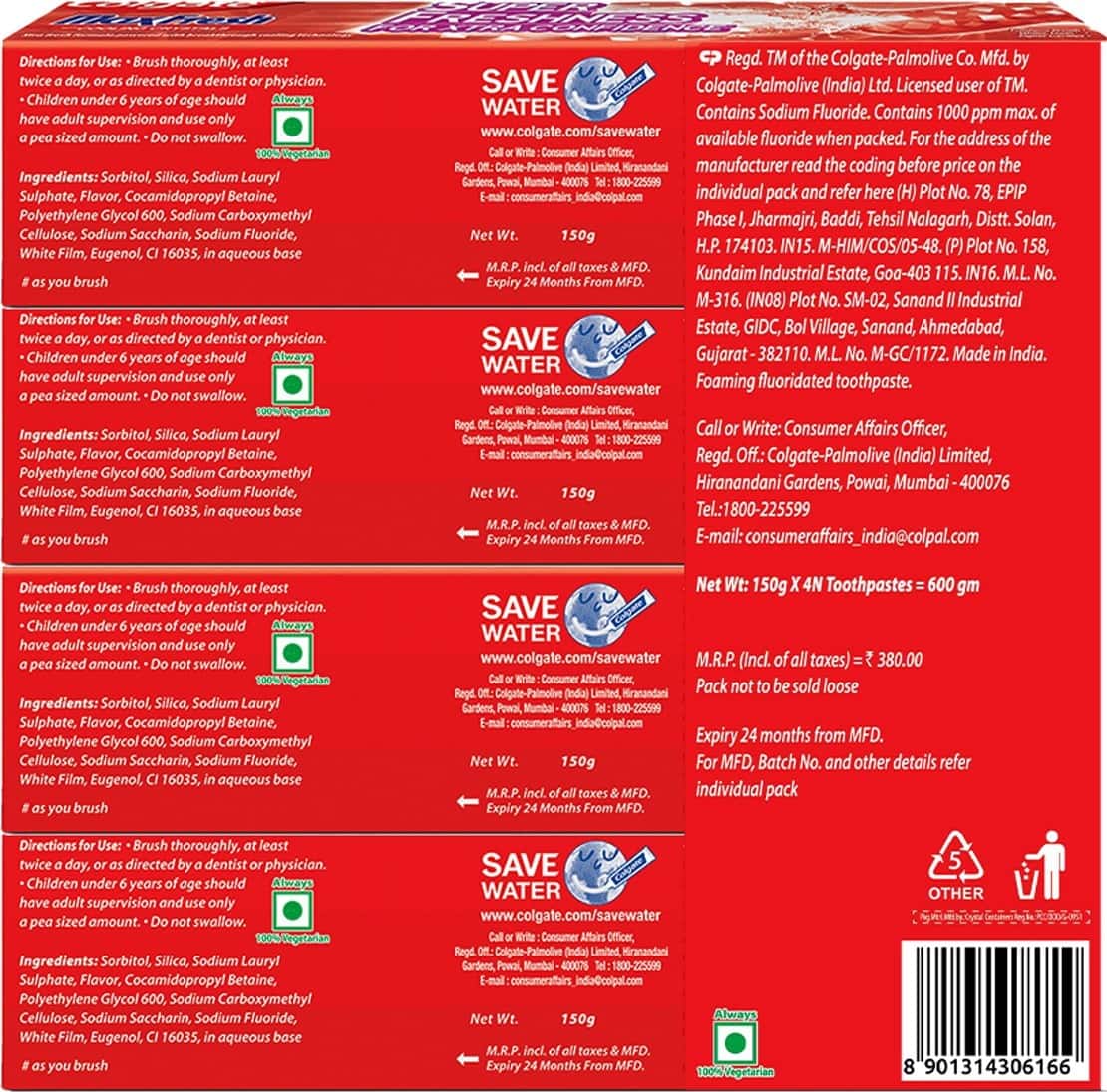 Buy COLGATE MAXFRESH TOOTHPASTE, RED GEL PASTE WITH MENTHOL - 150GX4 ...