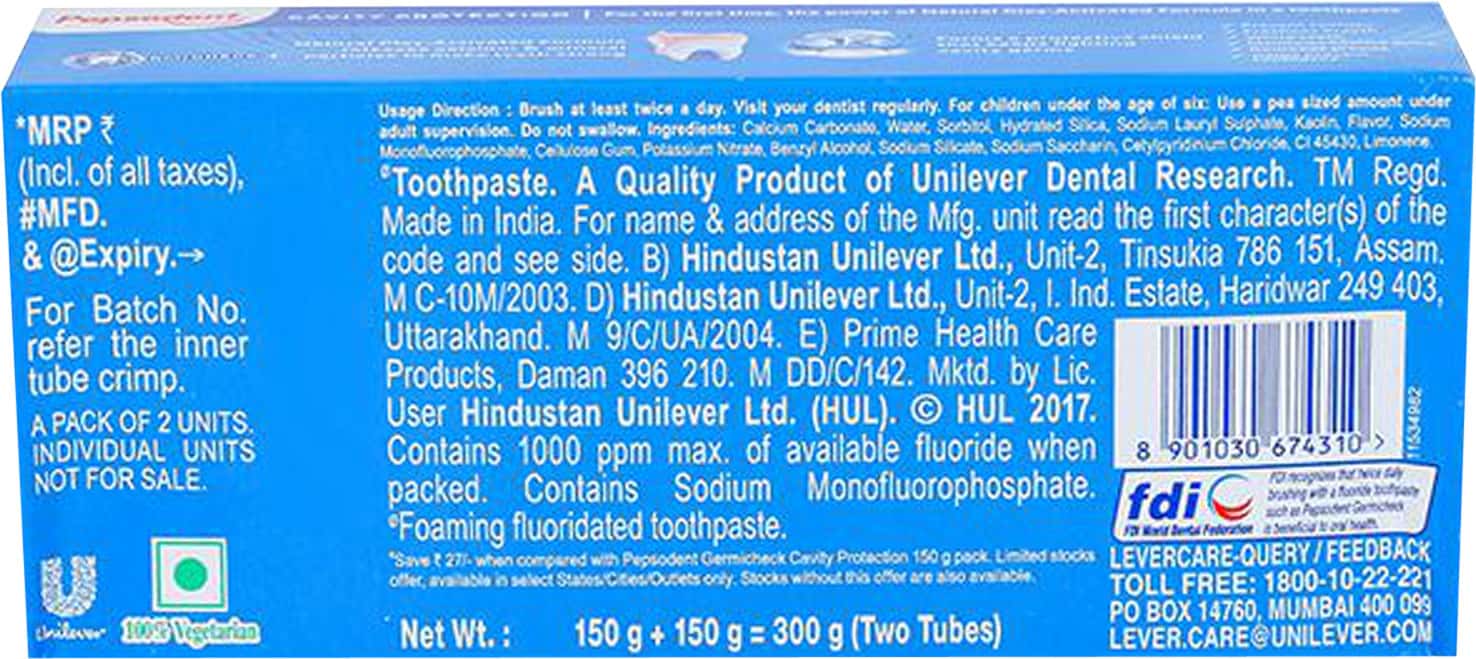 Buy PEPSODENT GERMI CHECK CAVITY PROTECTION 2 X 150 GM WITH SAVE RS. 27 ...