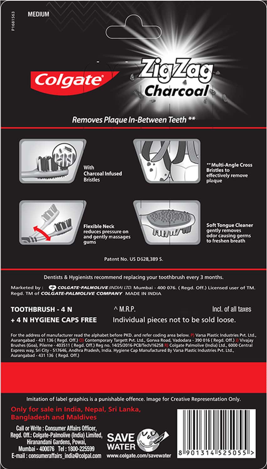 Buy COLGATE ZIGZAG CHARCOAL MEDIUM BRISTLE TOOTHBRUSH - 4 PCS Online & Get Upto 60% OFF at PharmEasy