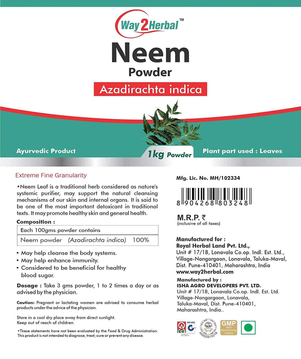 Buy WAY2HERBAL NEEM LEAVES POWDER. NEEM POWDER FOR SKIN NATURAL NEEM ...