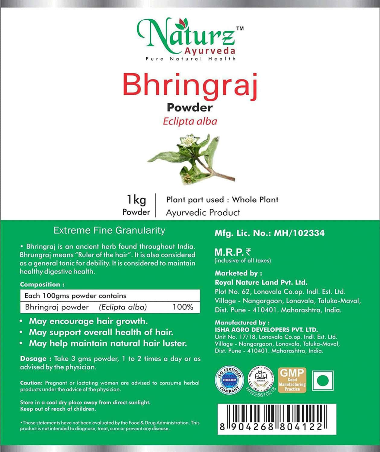 Buy NATURZ AYURVEDA BHRINGRAJ POWDER - 1 KG POWDER - PACK OF 4 Online ...