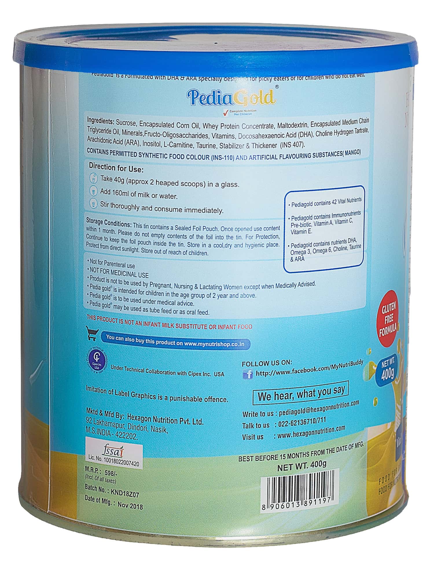 Buy Pedia Gold Mango Nutrition Drink Tin Of 400 G Online at Flat 18% ...