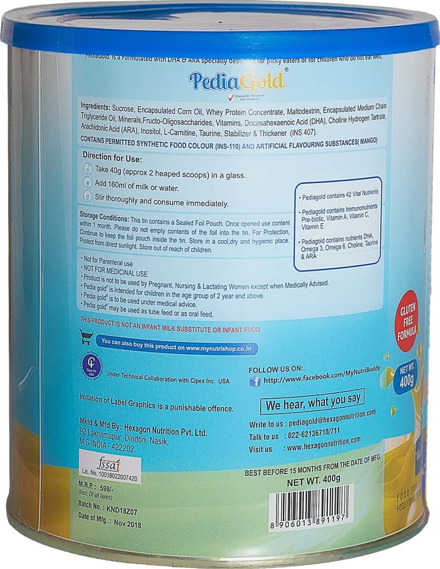 Buy PEDIAGOLD MANGO NUTRITION DRINK TIN OF 400 G Online & Get Upto 60% ...