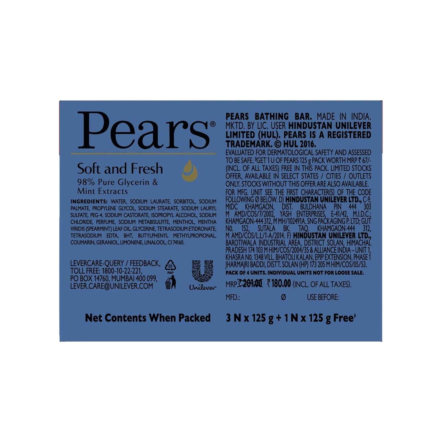 Buy PEARS SOFT & FRESH BATHING BAR WITH 98% PURE GLYCERINE & MINT ...